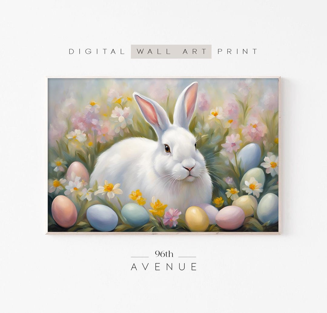 Easter Bunny Painting Wall Art Digital Download | Pastel Spring White ...