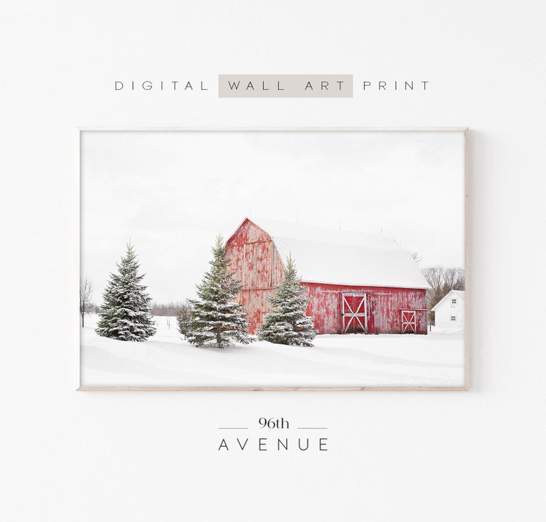 Winter Wall Art | Red Barn Print | Christmas Downloadable Prints - Etsy