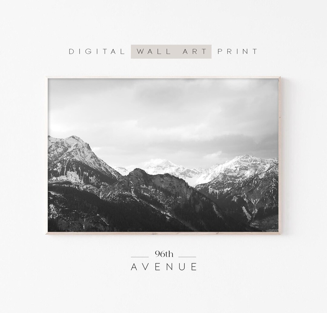 Black and White Mountain Print Digital Download | Winter Printable Wall ...