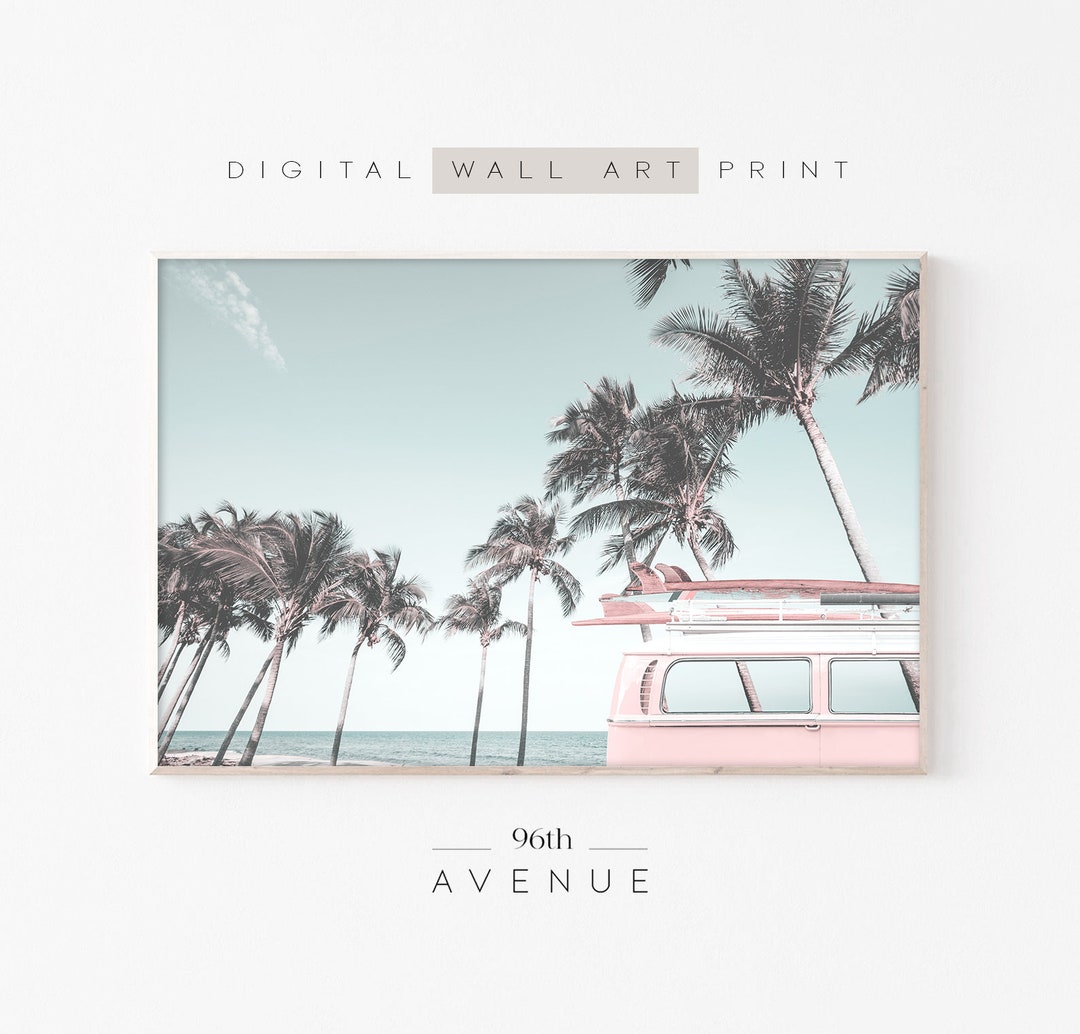 Pink Retro Van Print | Camper Van Wall Art | Beach Themed Decor ...