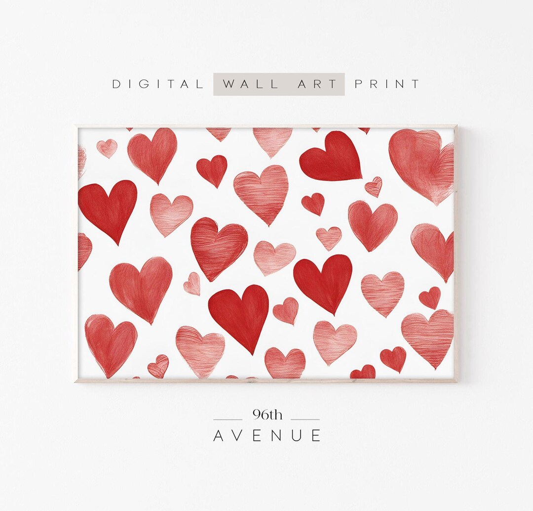 Valentine Hearts Drawing Print for Download | Red Handdrawn Hearts ...