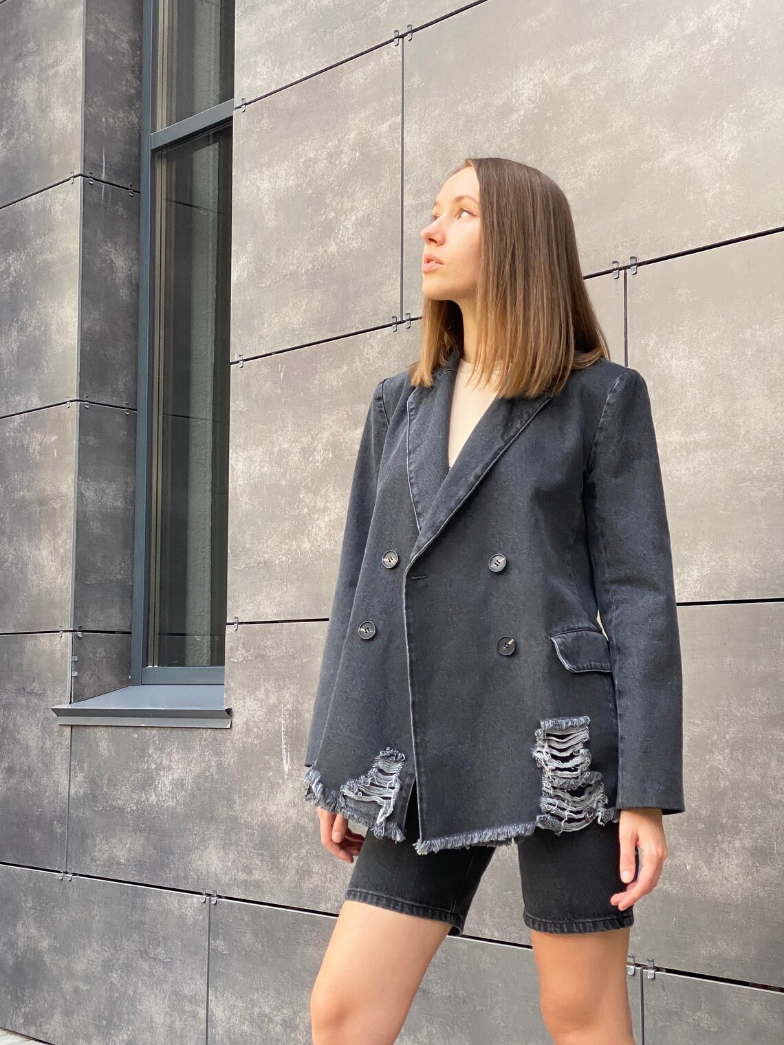 Distressed Denim Blazer, Grey Jacked, Ripped Denim Jacket - Etsy