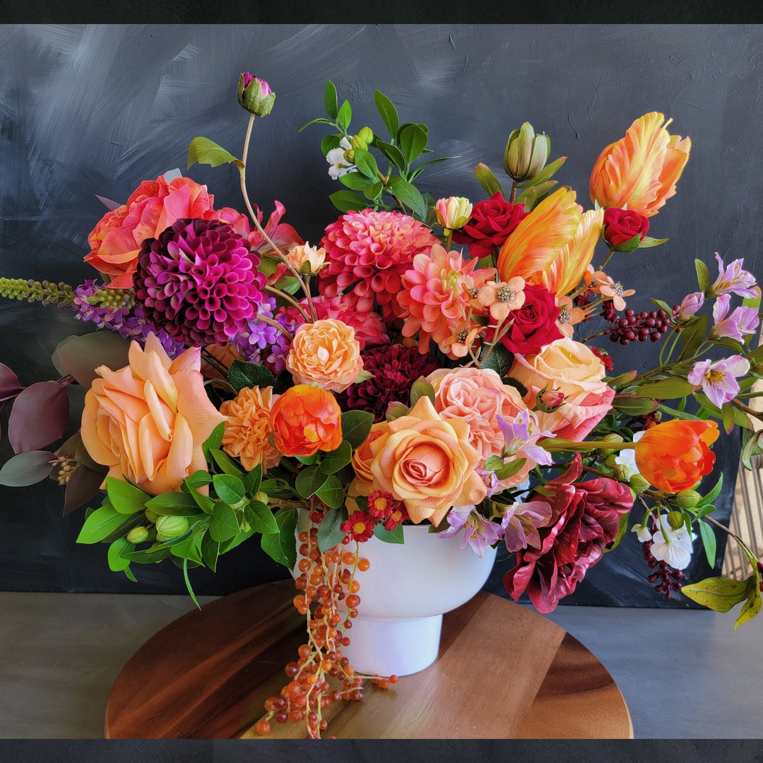 Premium Silk Flower Arrangement, Red Orange Theme Flowers, Artificial ...