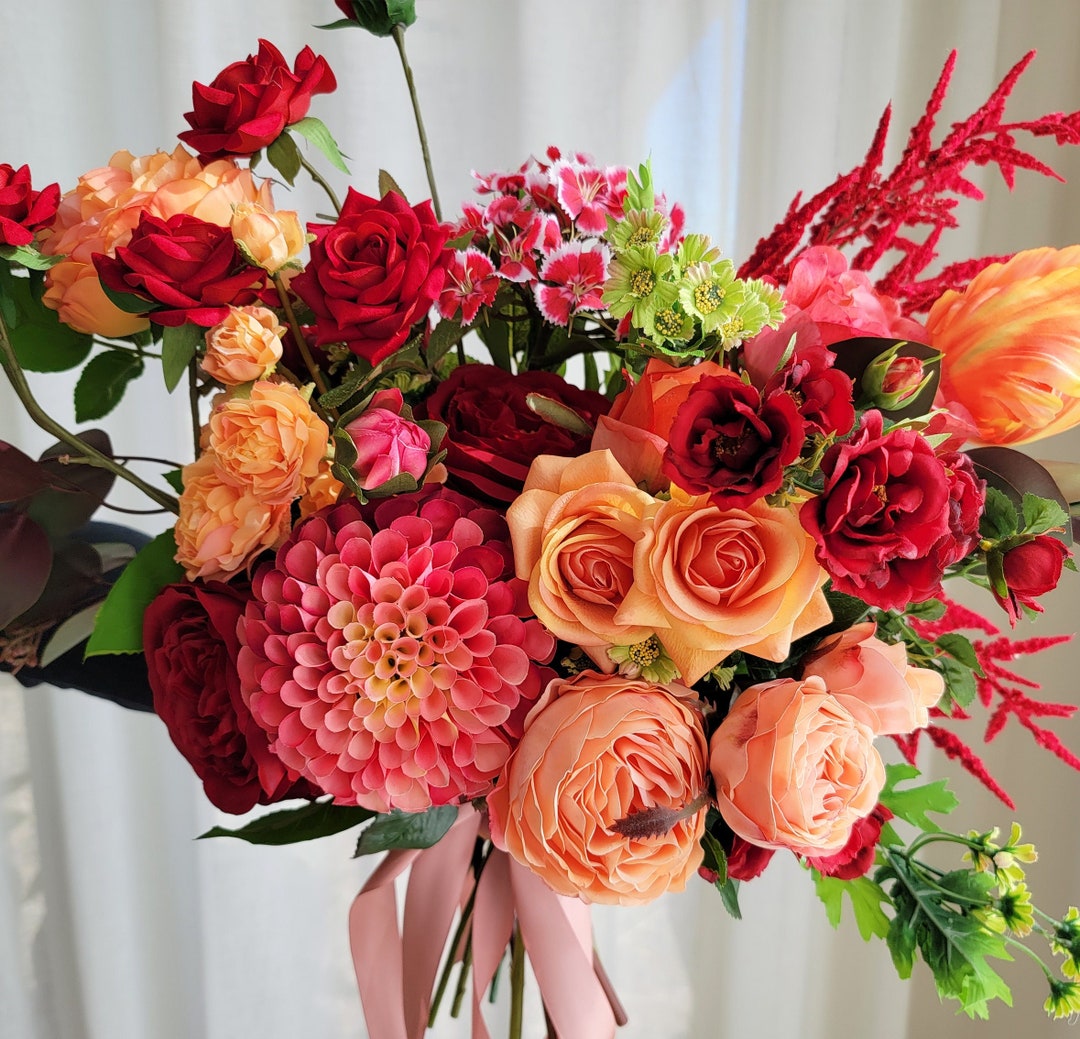 Realistic Red Orange Fake Flower Bouquet, Real Touch Roses, Outdoor ...