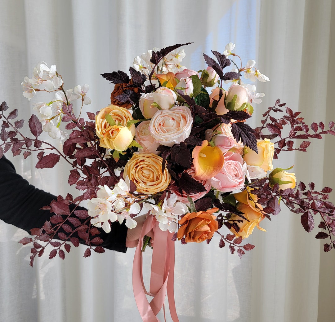 Premium Silk Flower Bouquet, Bridal Bouquet, Brown Rose Bouquet ...