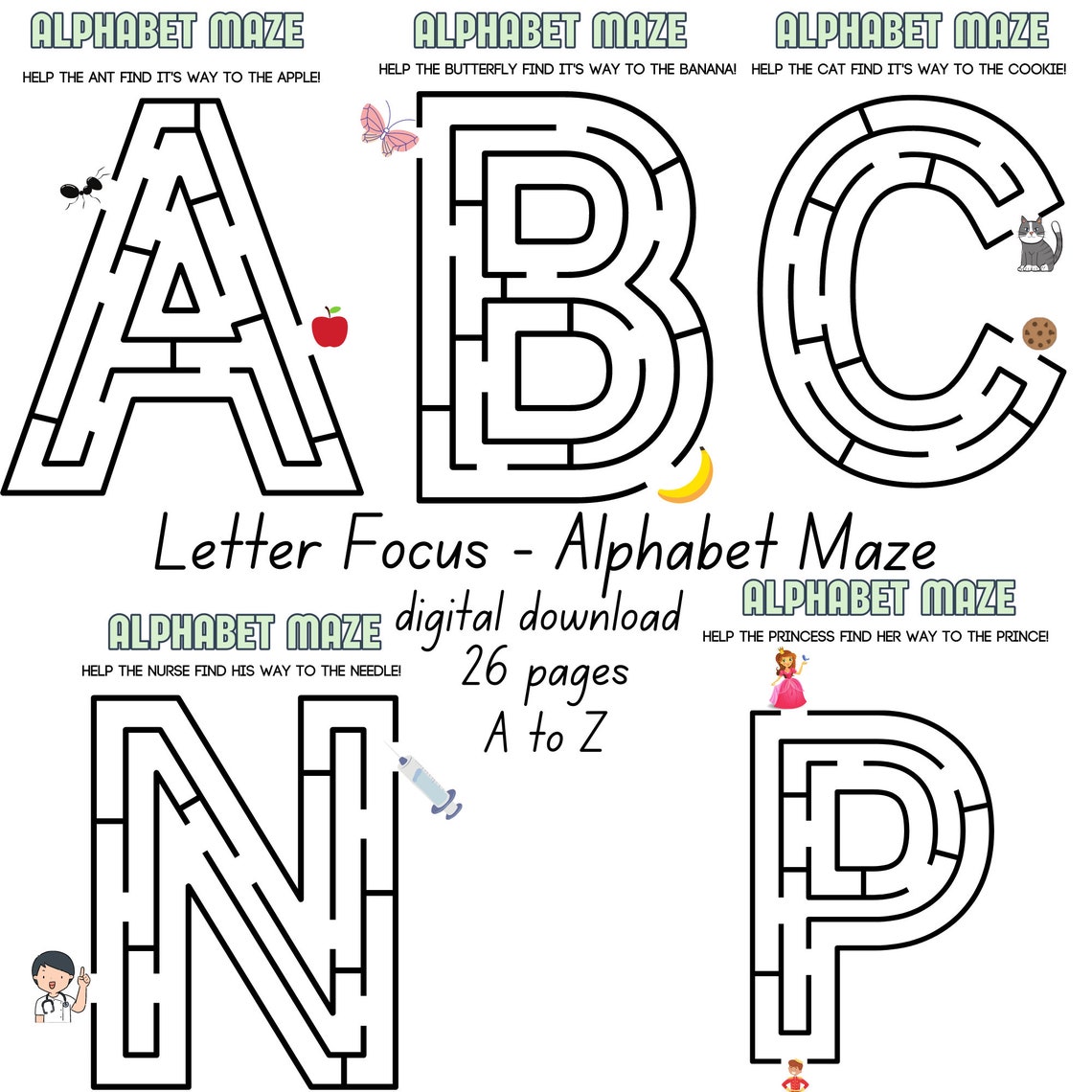 Digital-alphabet Mazes Letter Focus Worksheets for Preschool - Etsy