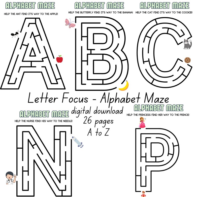 Digital-alphabet Mazes Letter Focus Worksheets for Preschool - Etsy