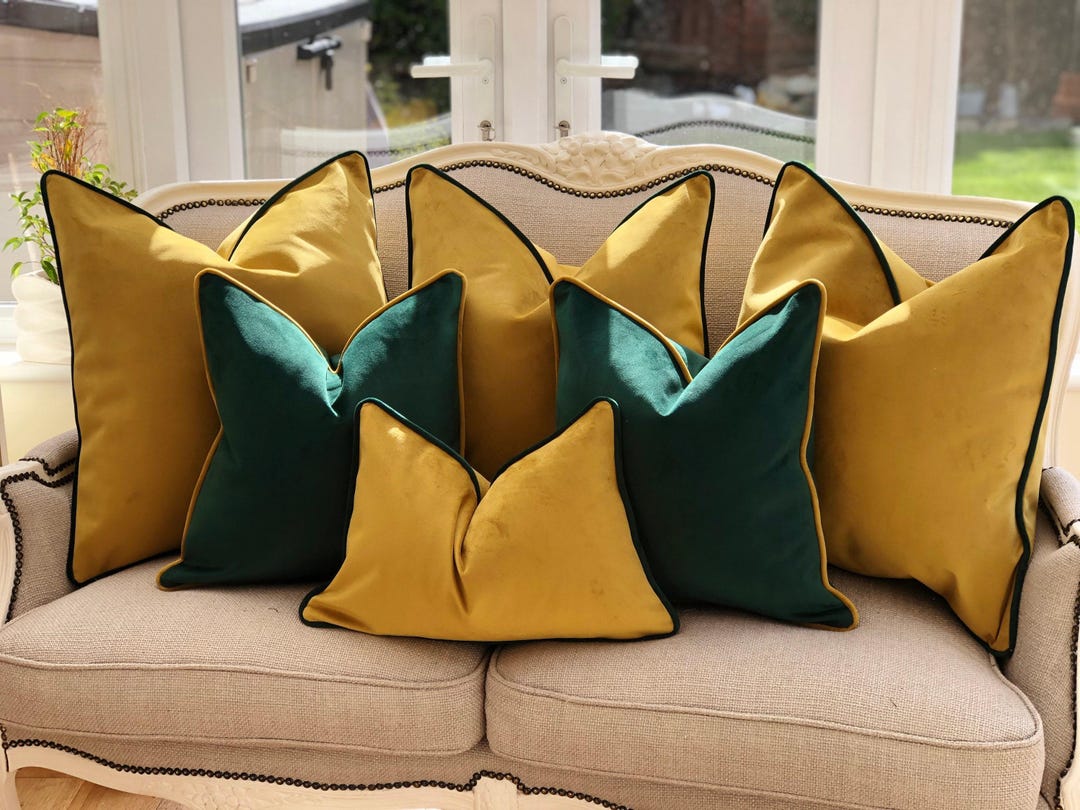 Mustard Gold & Forest Green Velvet Cushion Cover Set - Modern Throw ...