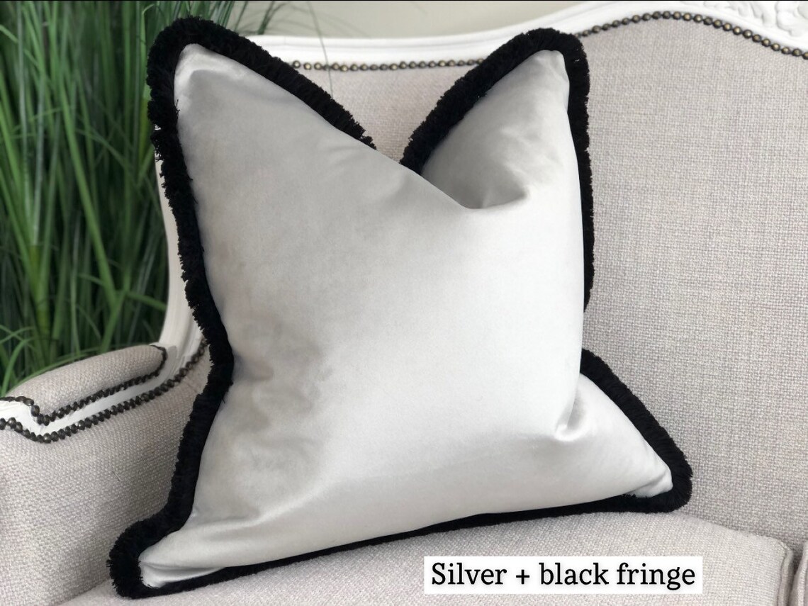 Light Grey/ Silver Plush Velvet Cushion Cover With Black | Etsy
