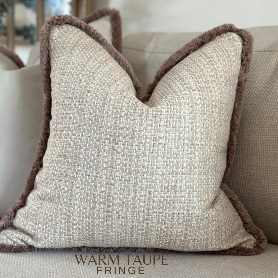 Luxury Cream Textured Cushion With Fringe or Piping Trim - Modern ...