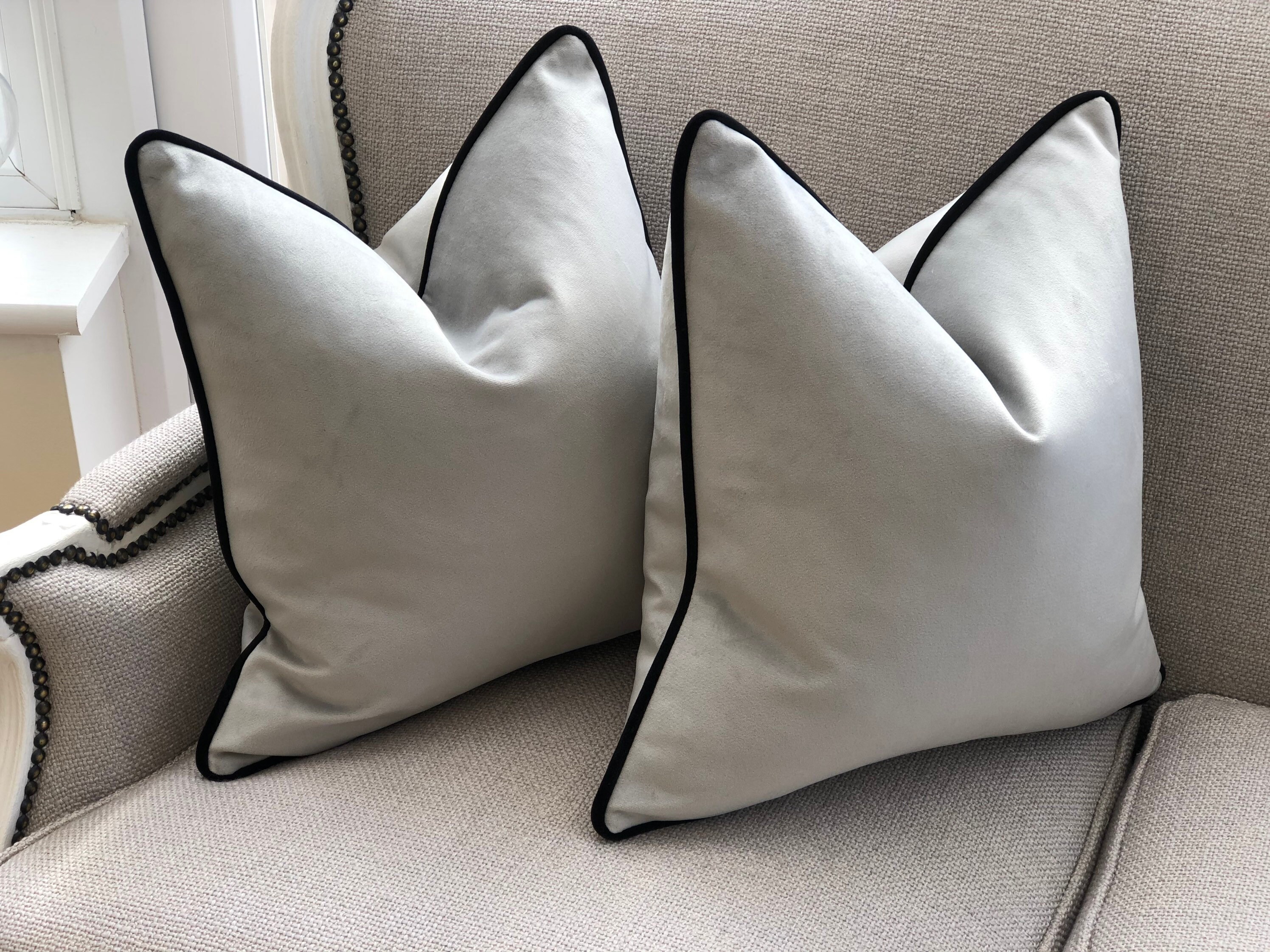 Light Grey/ Silver Plush Velvet Cushion Cover With Black | Etsy