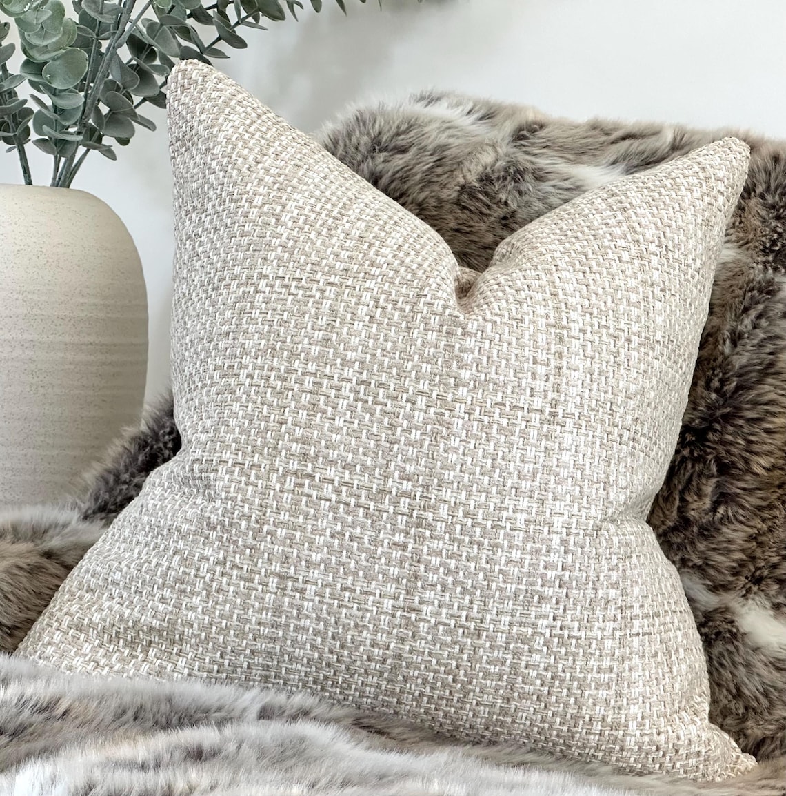 Luxury Cream Textured Cushion With Fringe or Piping Trim - Modern ...