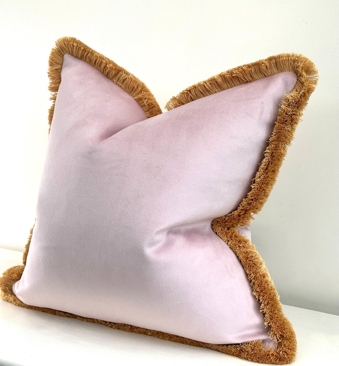 Blush Pink Velvet Cushion With Biscuit Fringe - Luxury Pretty Pillow ...