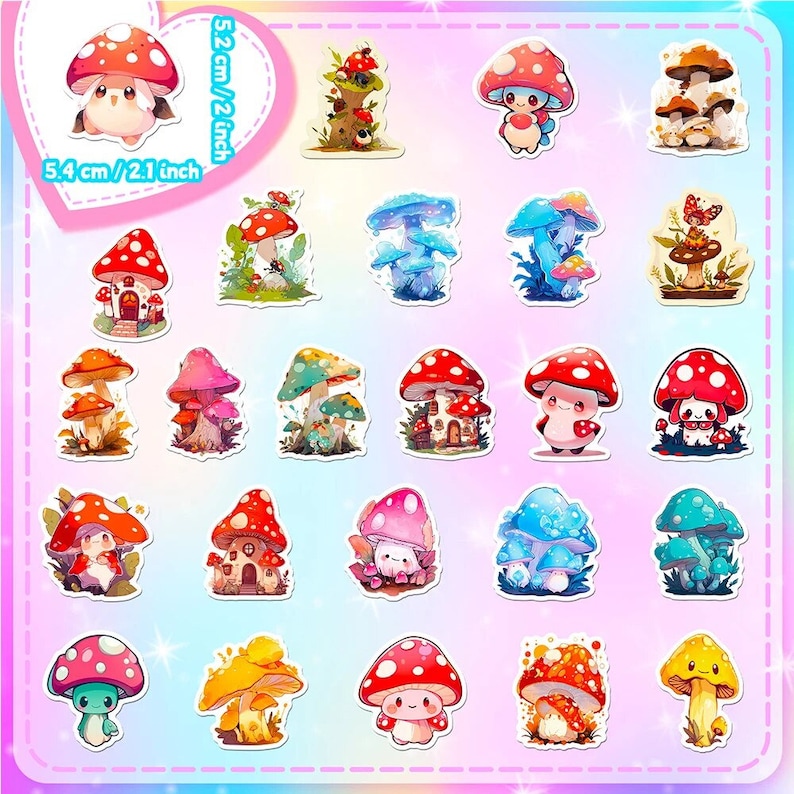 50 Pcs Kawaii Mushroom Stickers, Waterproof Cottagecore Decals - Etsy