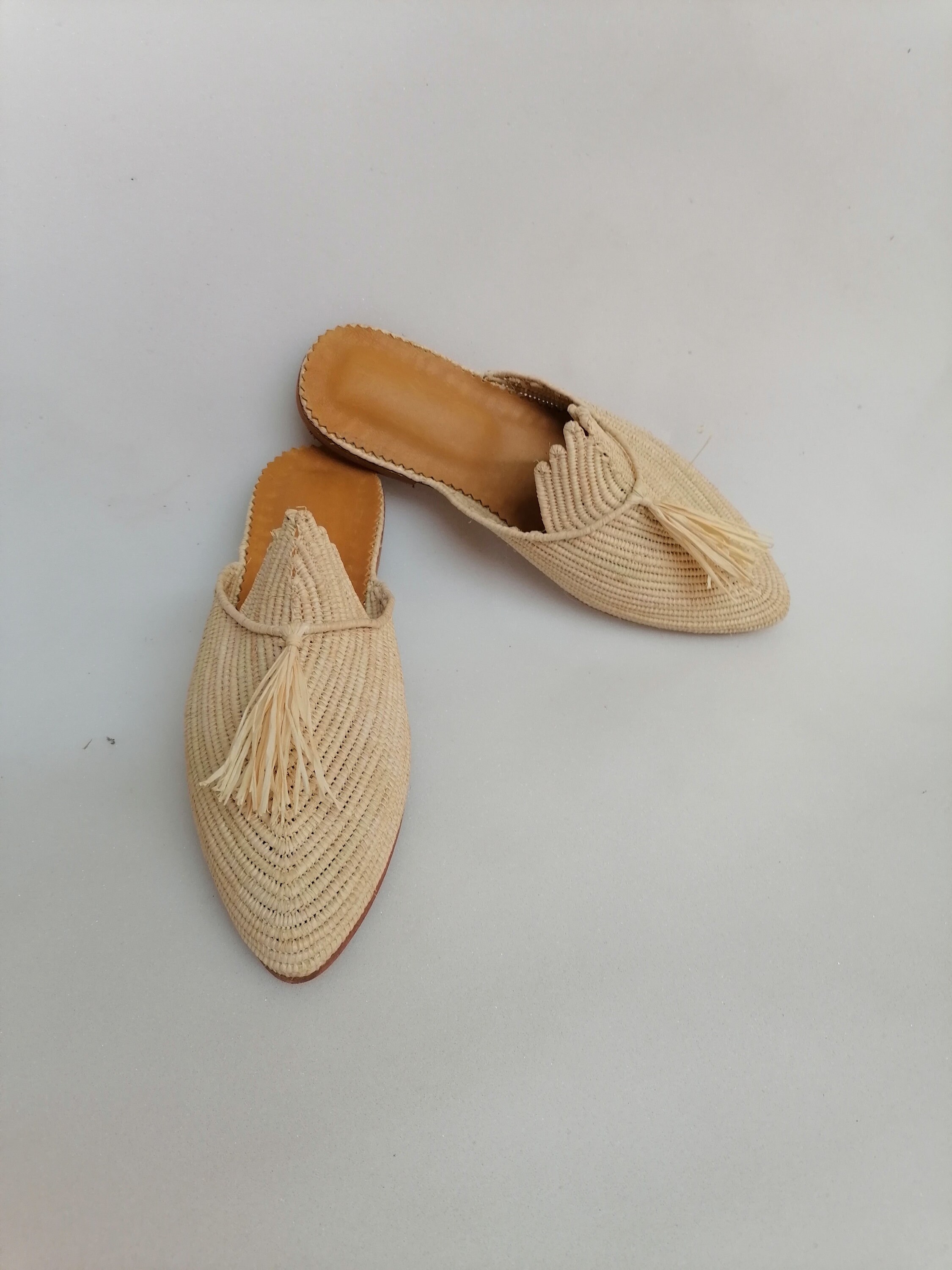 Natural Leather and Raffia Shoes, Raffia Slippers for Women, Handmade ...