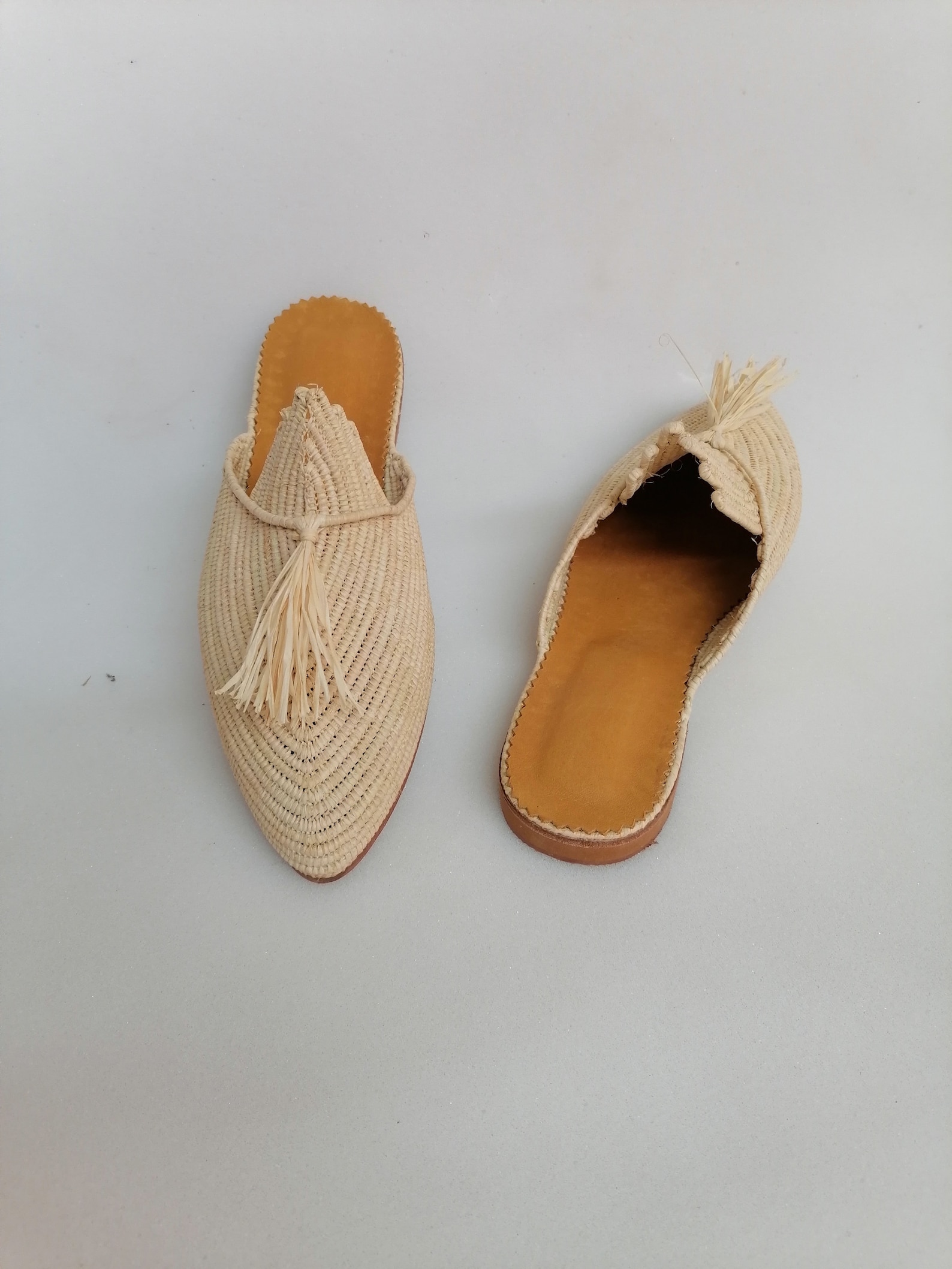 Natural Leather and Raffia Shoes, Raffia Slippers for Women, Handmade ...