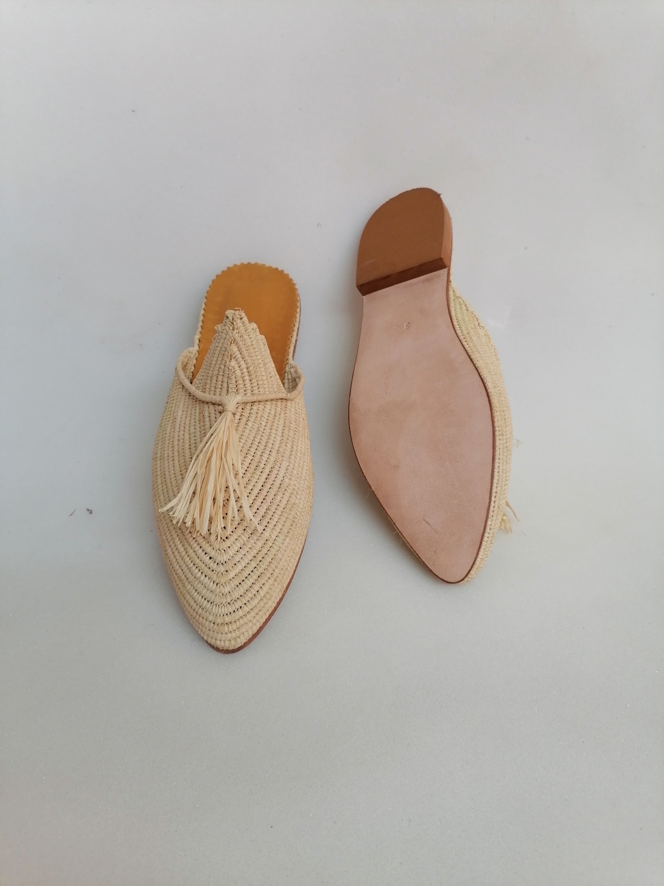 Natural Leather and Raffia Shoes, Raffia Slippers for Women, Handmade ...