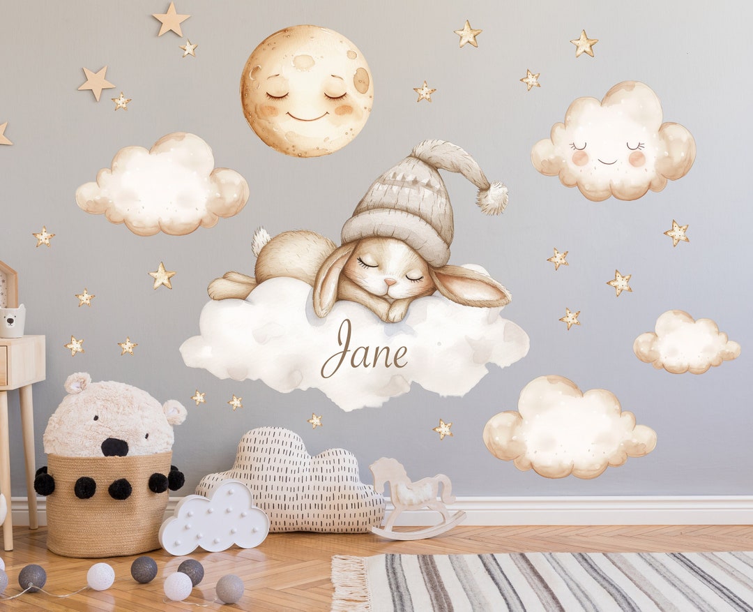 Personalized Bunny on Cloud Nursery Wall Decal, Moon & Stars Baby Name ...