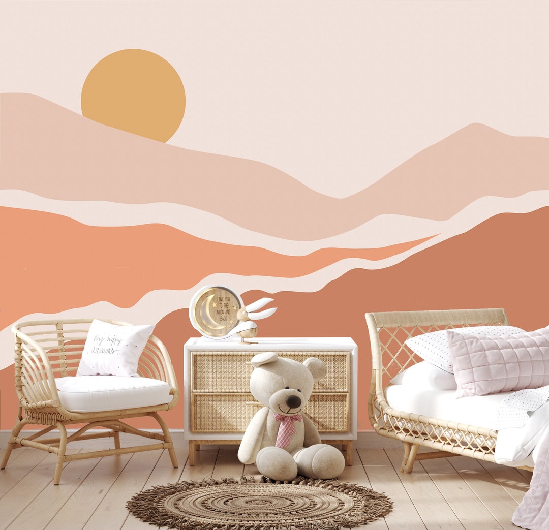 Bohemian Colors Nursery Wallpaper, Sunset Through the Mountains, Boho ...