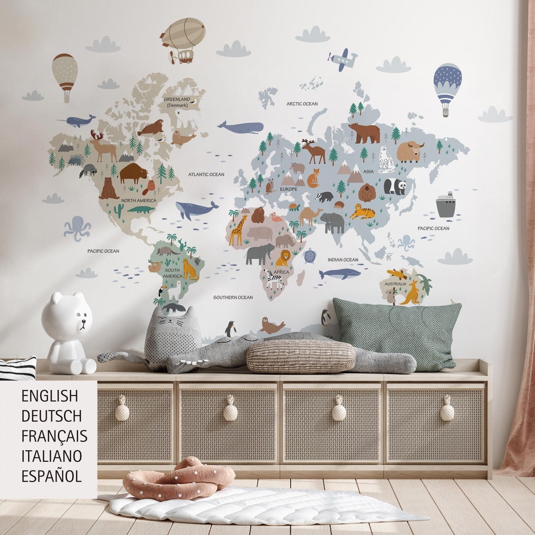 World Map Wall Decal, Animal World Map Decal, Kids World Map Decal ...