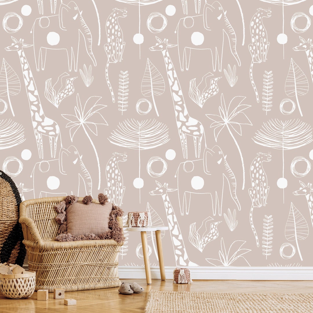 Monochrome Safari Boho Kids Wallpaper Peel and Stick, Jungle Animal ...