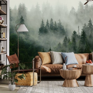 Misty Pine Tree Forest Landscape Peel and Stick Wallpaper Self Adhesive Fabric Woodland Custom ...