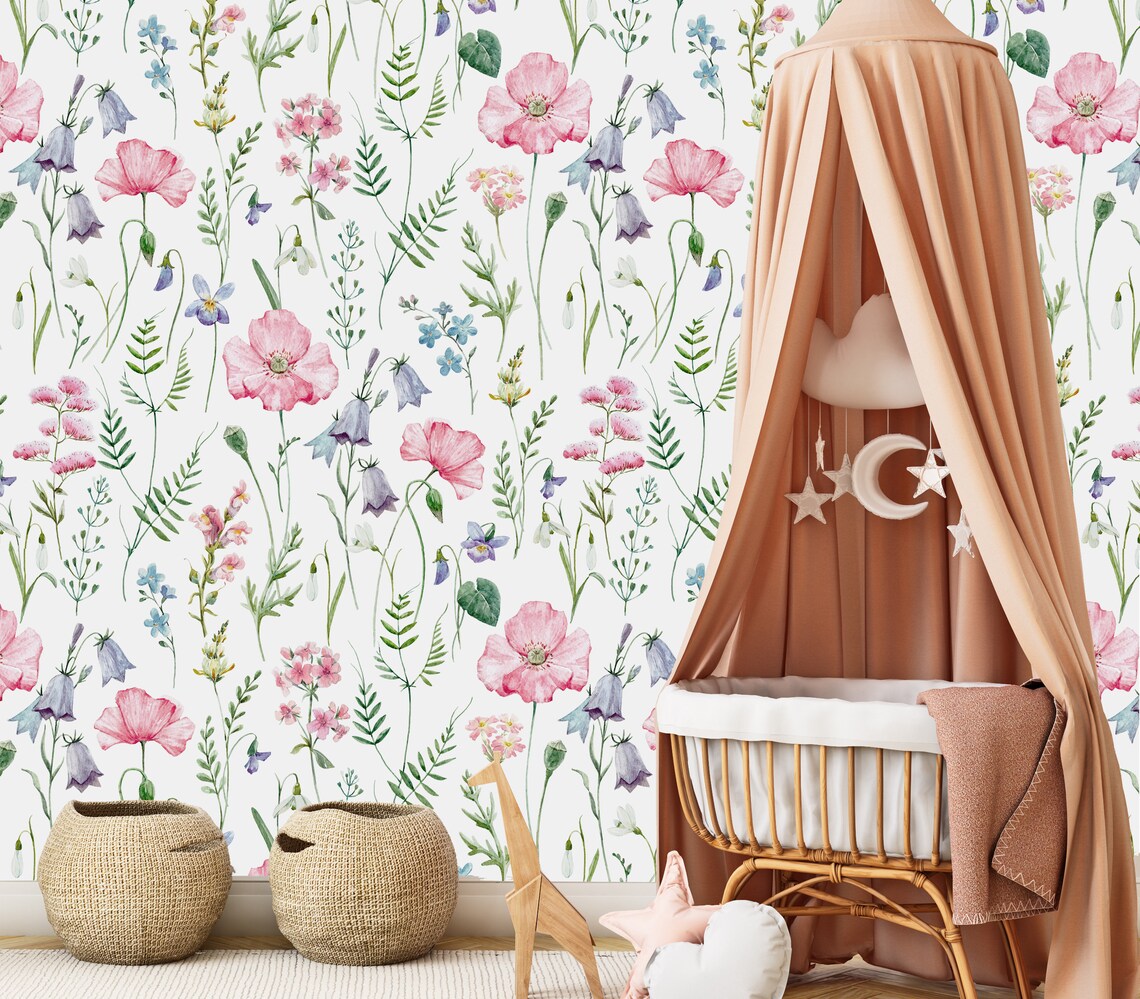 Wildflower Wallpaper Nursery Kids Floral Wallpaper Baby Girl - Etsy