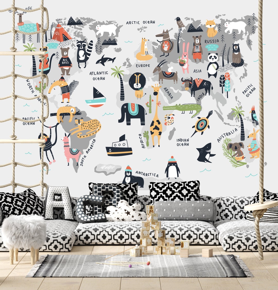 World Map Wall Decal, Animal World Map Decal, Kids World Map Decal ...