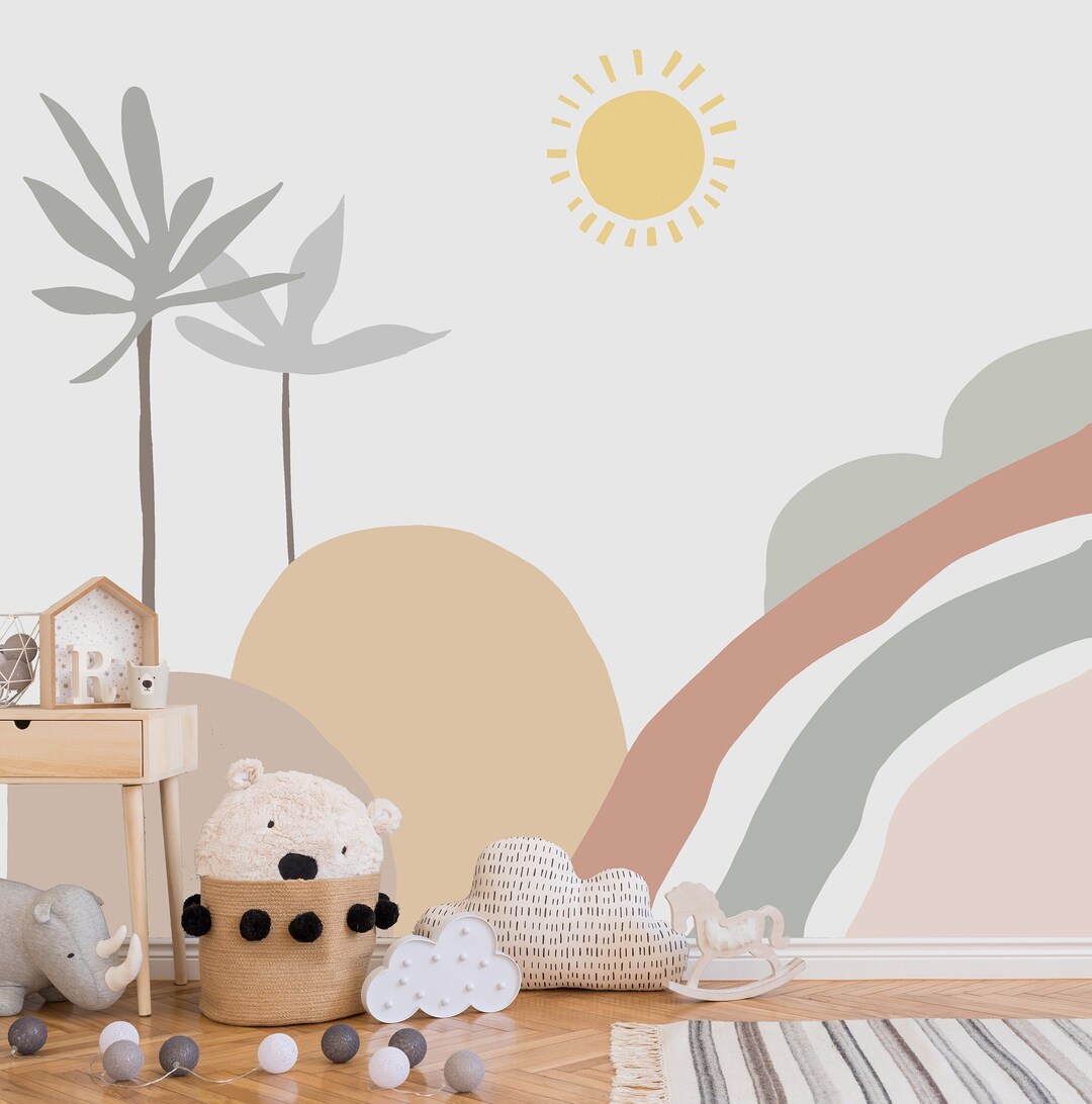 Boho Kids Wallpaper Mural: Sun & Mountains, Peel and Stick - Etsy