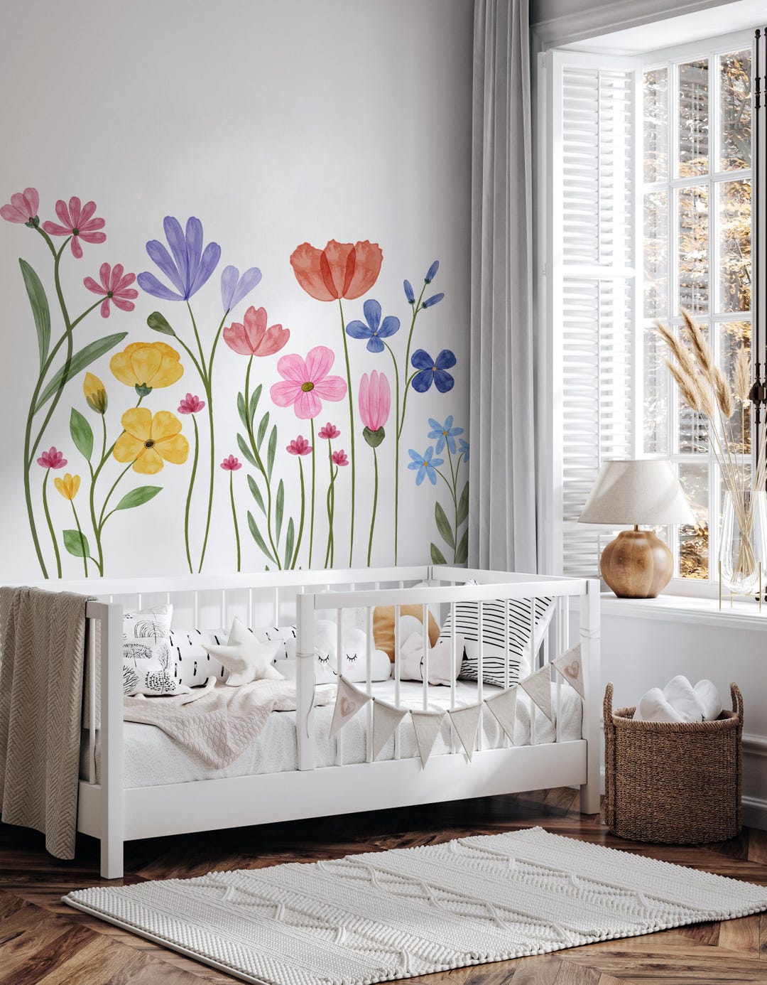 Wildflower Wall Decal Border, Boho Floral Wall Sticker, Watercolor ...