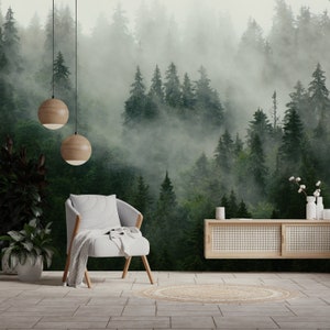 Misty Pine Tree Forest Landscape Peel and Stick Wallpaper Self Adhesive Fabric Woodland Custom ...