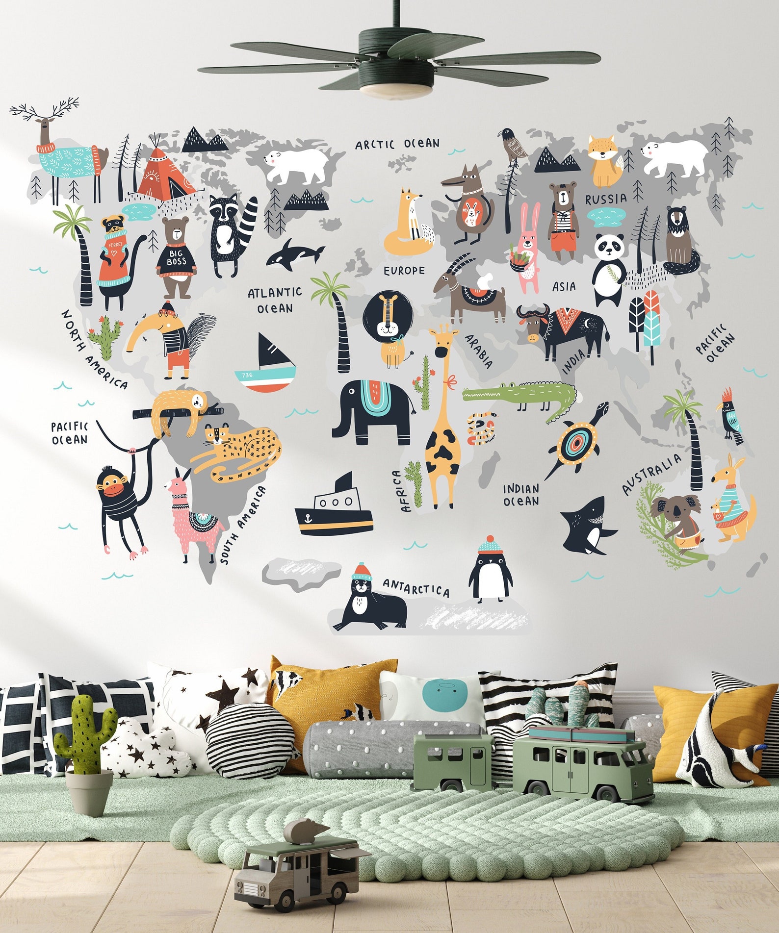 World Map Wall Decal, Animal World Map Decal, Kids World Map Decal ...