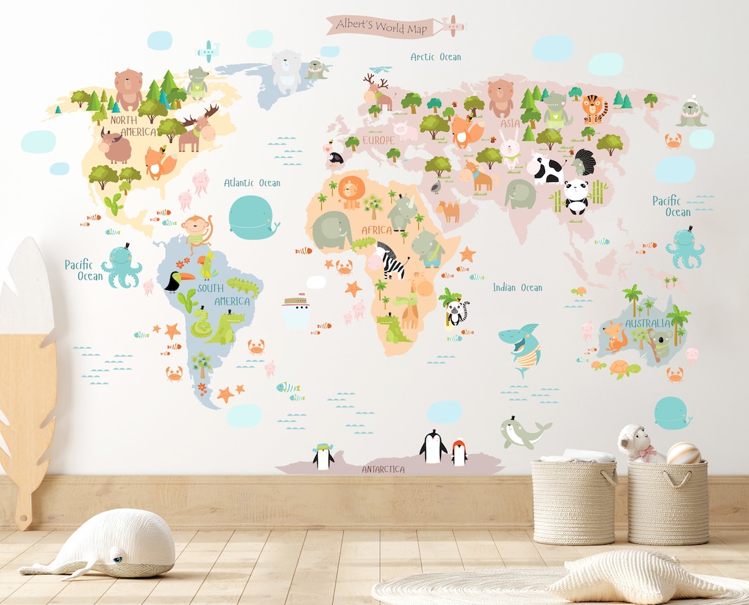 World Map Wall Decal, Animal World Map Decal, Kids World Map Decal ...