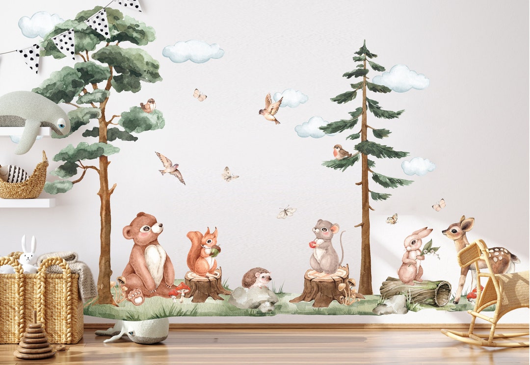 Woodland Tree Nursery Wall Decal, Watercolor Forest Animals Wall ...
