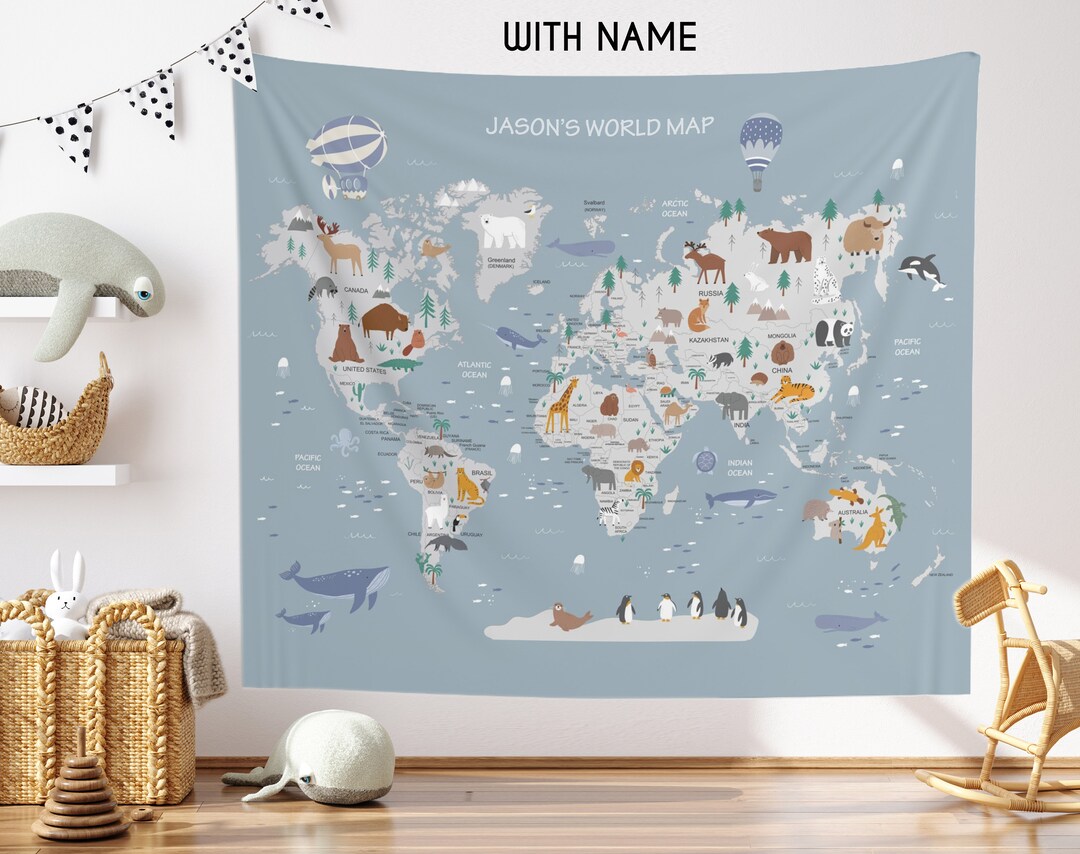 World Map Tapestry Kids World Map Tapestry Custom Tapestry - Etsy