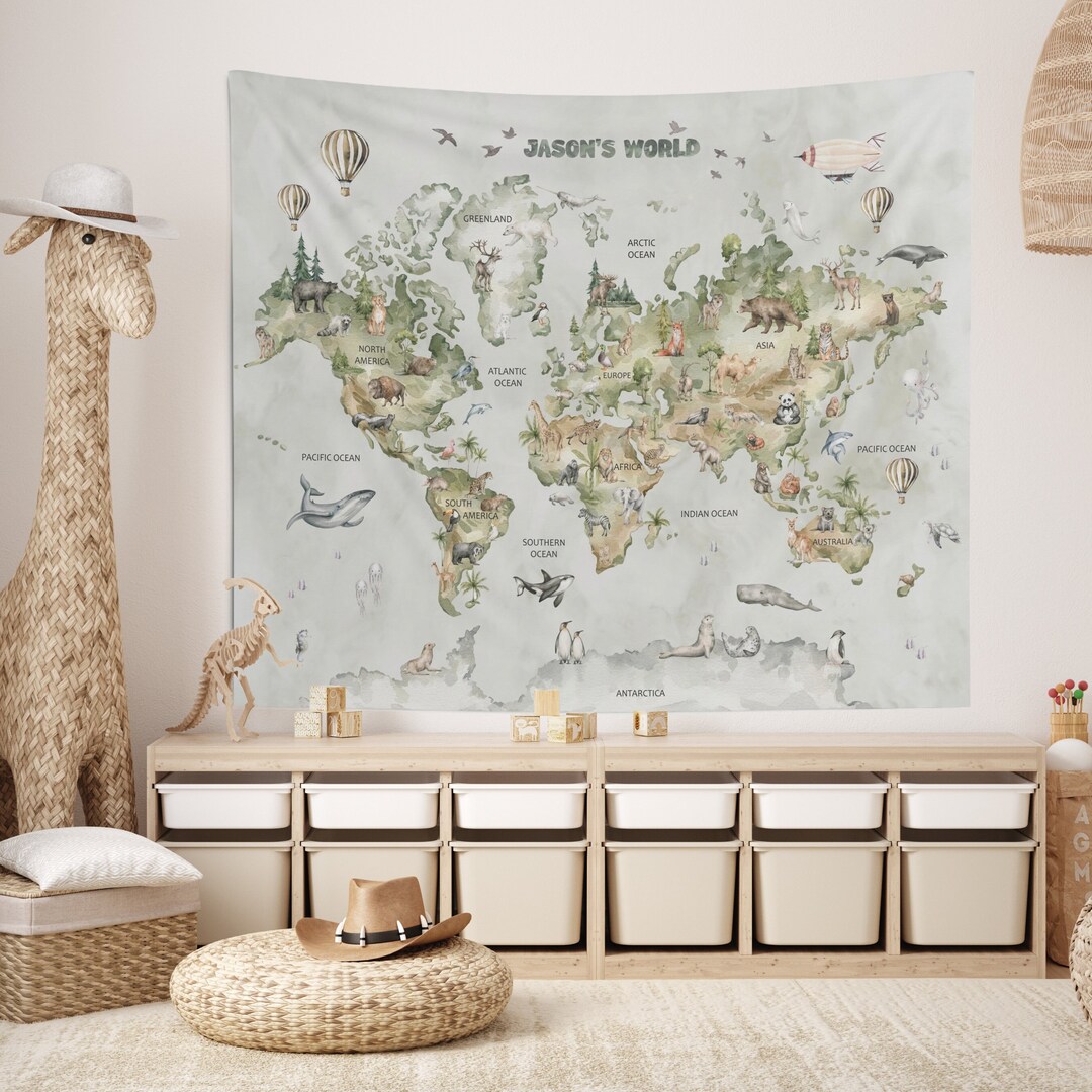World Map Tapestry Kids World Map Tapestry Custom Tapestry - Etsy