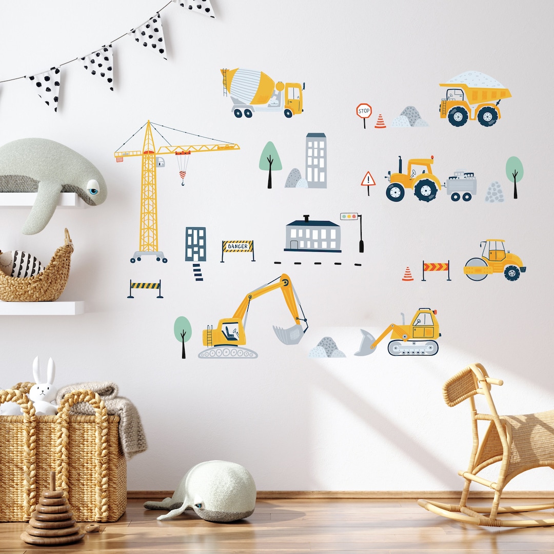 Construction Wall Decal Excavator Vehicles Set Wall Sticker for Children's Room Construction ...