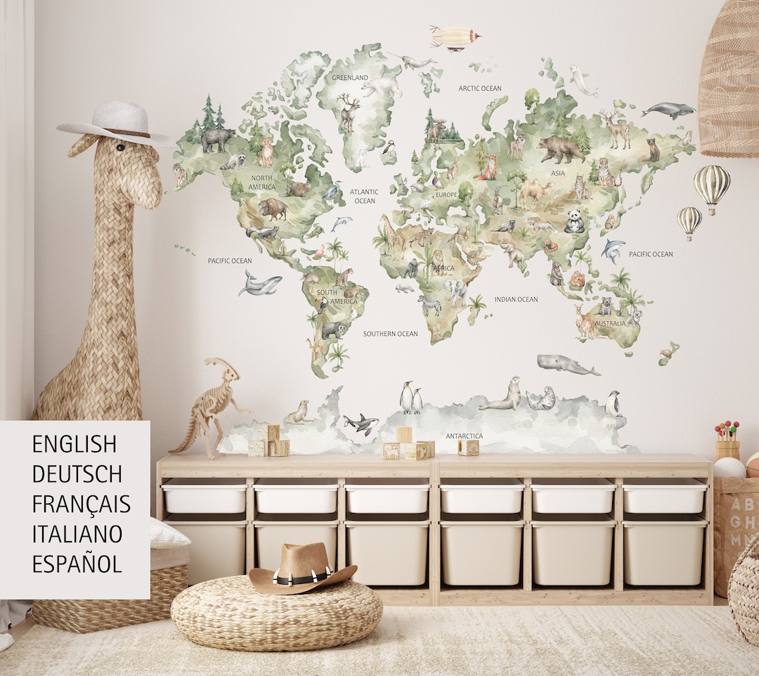 World Map Wall Decal, Animal World Map Decal, Kids World Map Decal ...