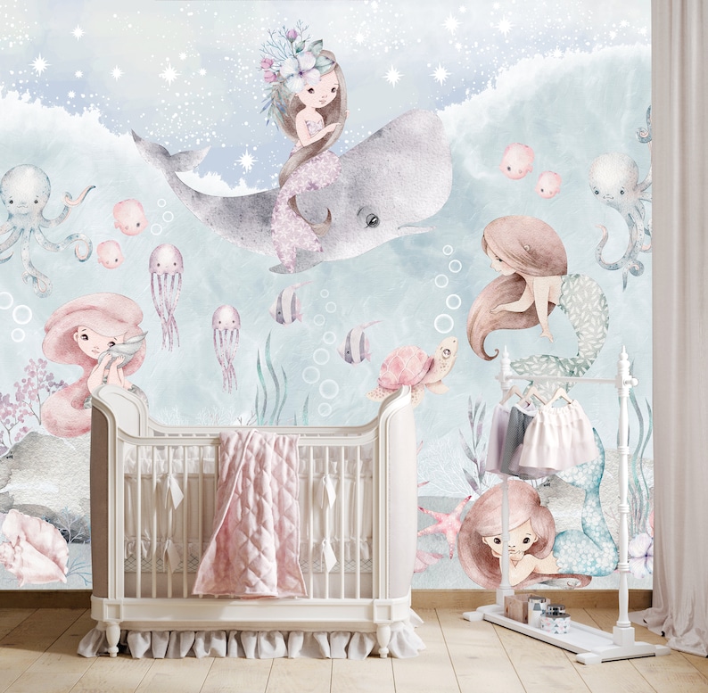 Mermaid Wallpaper: Underwater Nursery Wall Mural, Girls Room Decor - Etsy