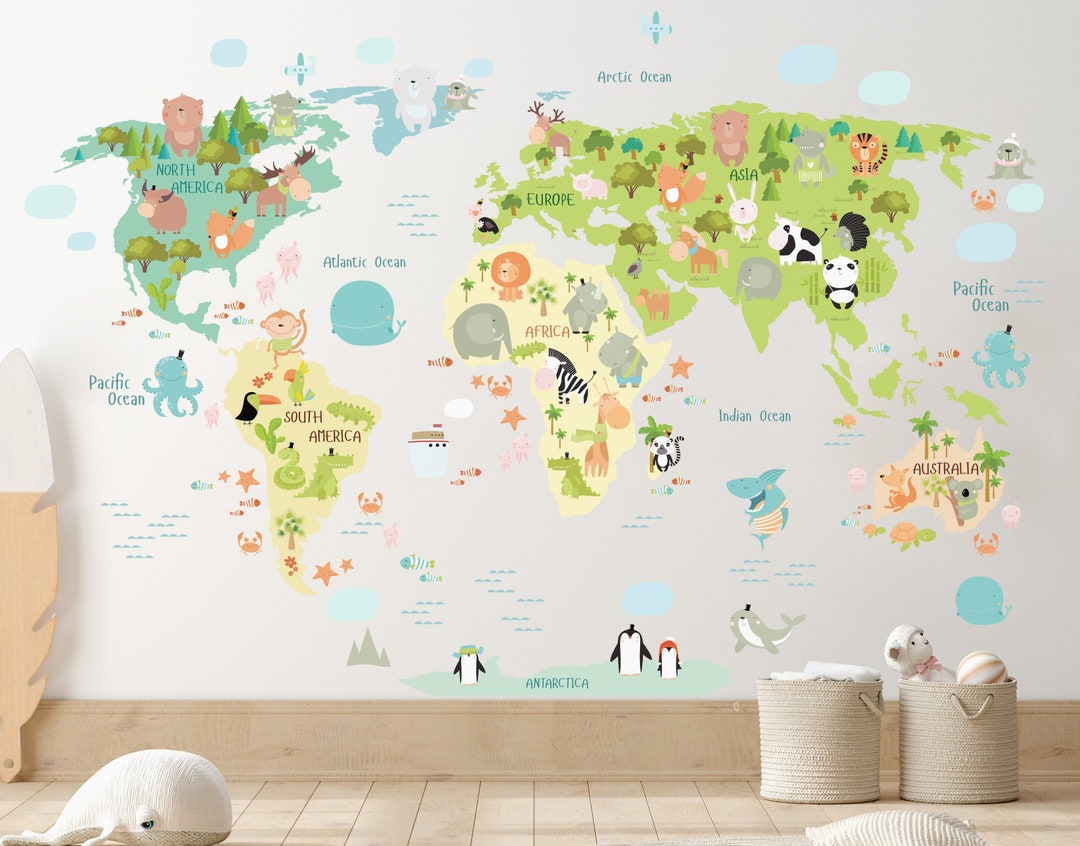 World Map Wall Decal Animal World Map Decal Kids World Map - Etsy