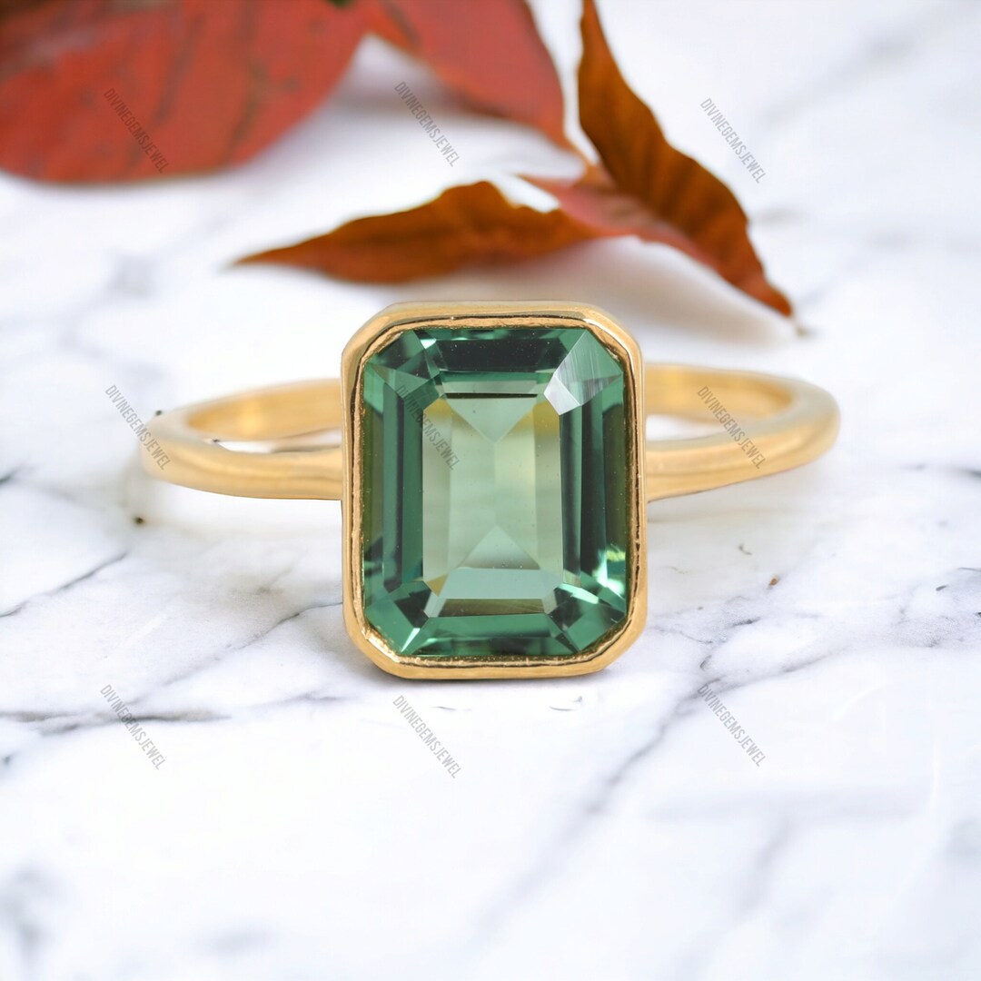Emerald Cut Green Amethyst Wedding Ring, 18k Solid Gold Promise Ring ...