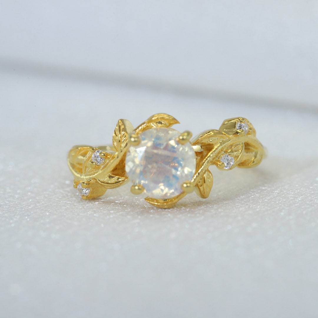 Round Natural Moonstone Engagement Ring Cluster Leaf Twig Vine Ring ...