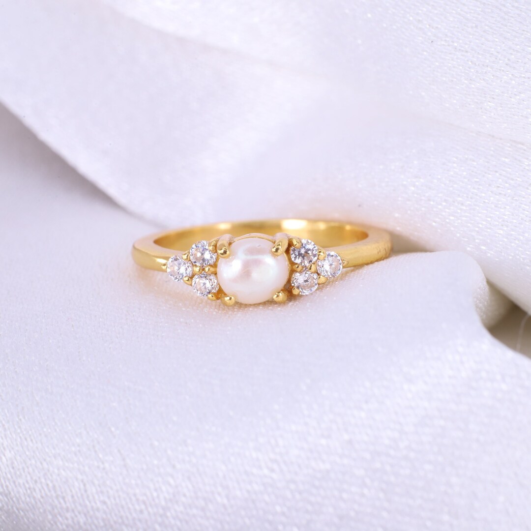 Tiny Pearl Engagement Ring Cluster Diamond Vintage Ring 14K Gold ...