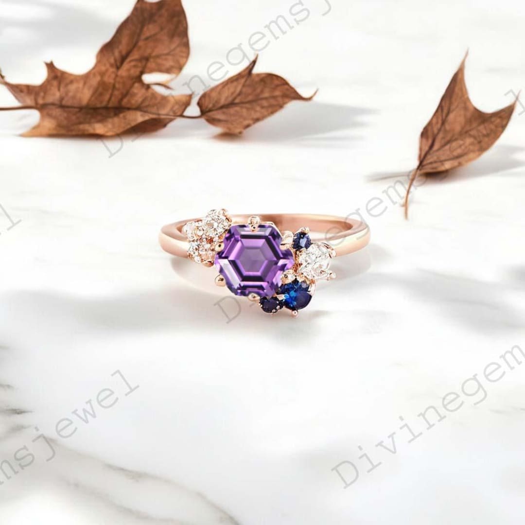 Unique Purple Amethyst Engagement Ring, Vintage 14K Rose Gold Amethyst ...