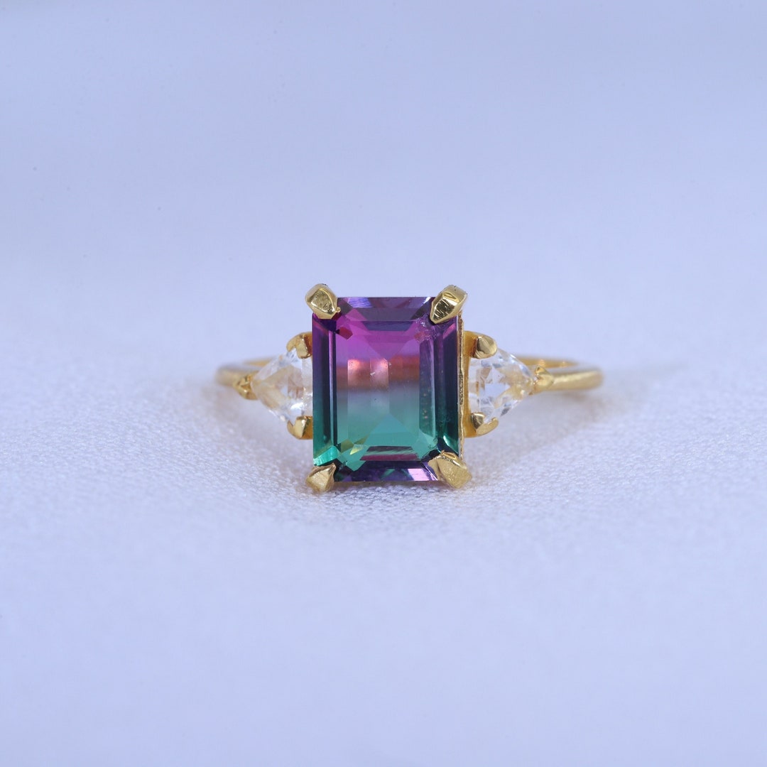 Watermelon Tourmaline Engagement Ring Unique Emerald Cut Bridal Ring ...