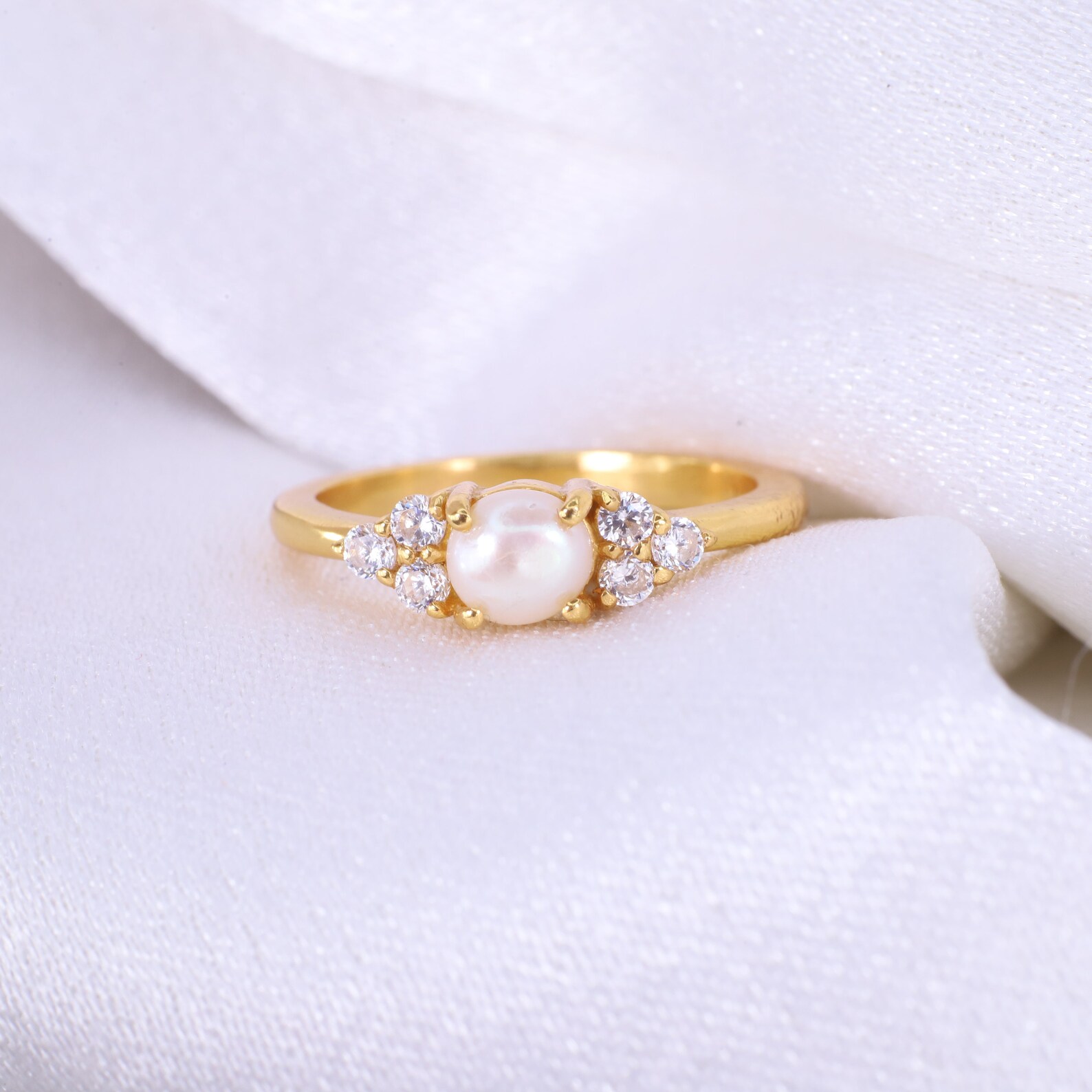 Tiny Pearl Engagement Ring Cluster Diamond Vintage Ring 14K - Etsy