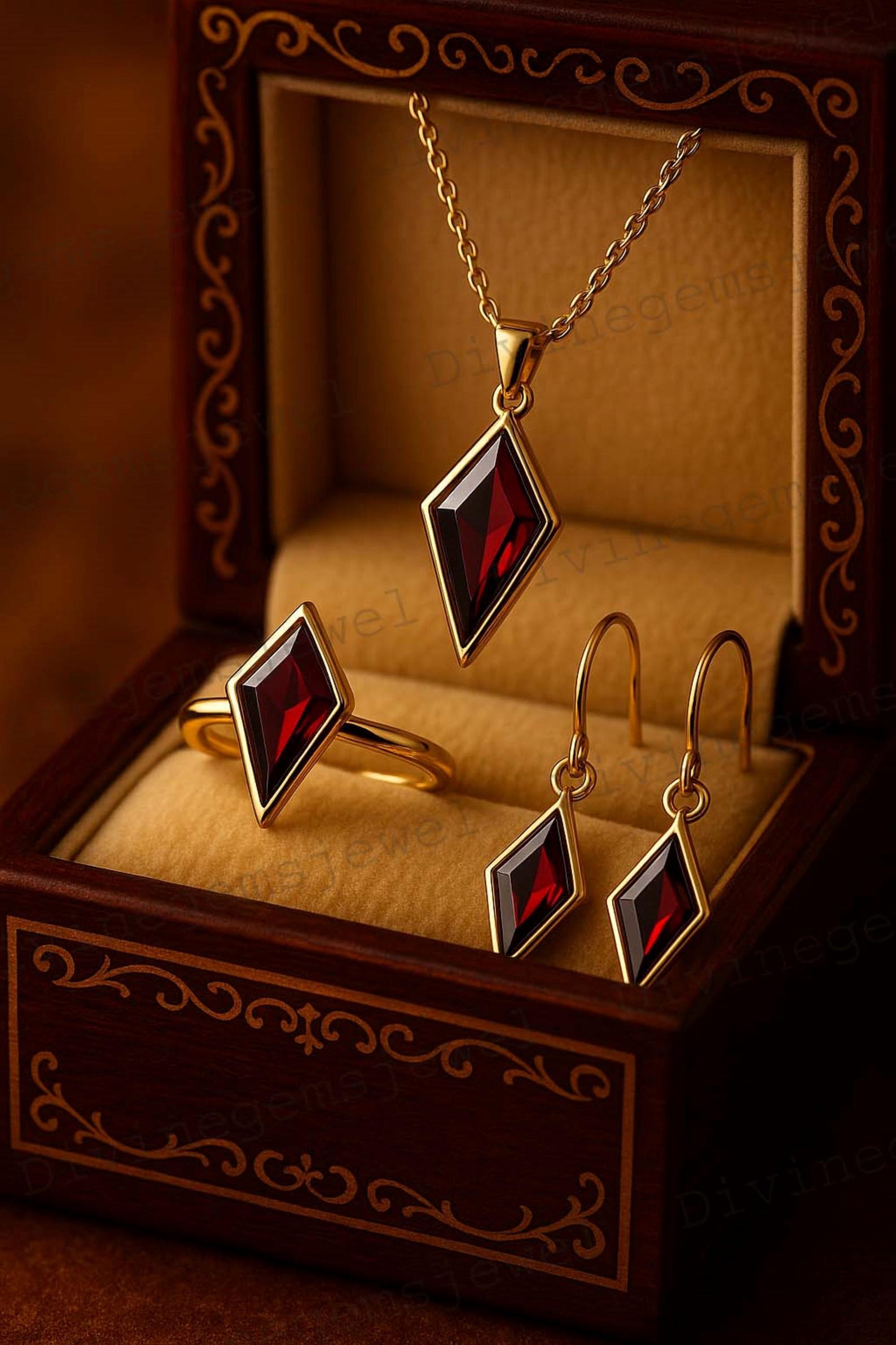 Elegant Kite-shaped Red Garnet Pendant Necklace, Gold Bezel Setting ...