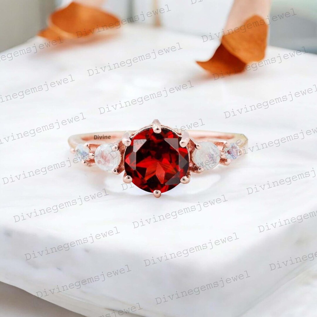 Red Garnet Engagement Ring Art Deco Women Matching Ring Moonstone ...