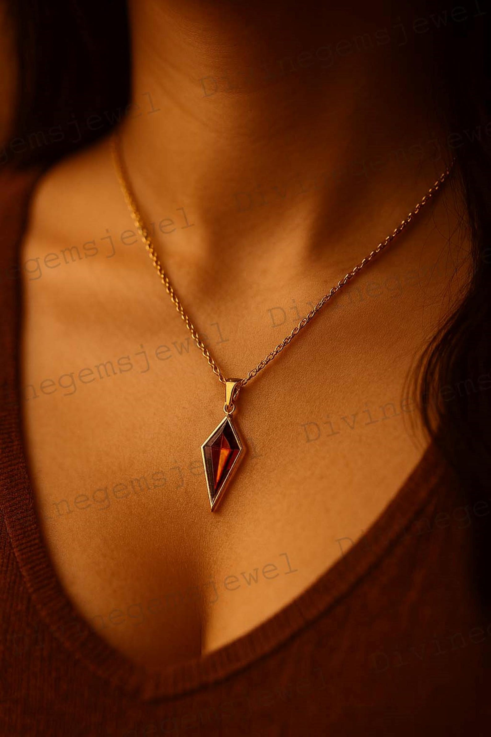 Elegant Kite-shaped Red Garnet Pendant Necklace, Gold Bezel Setting ...