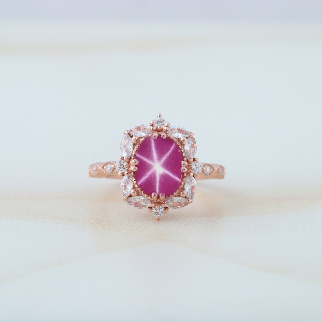 Unique Oval Cut Pink Star Ruby Engagement Ring Lindy Star Gemstone Ring Vintage Cluster Halo ...